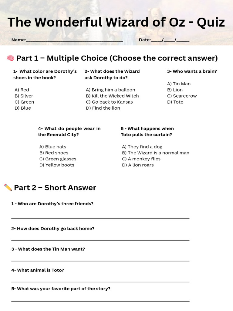 The Wonderful Wizard of Oz - Quiz | PDF