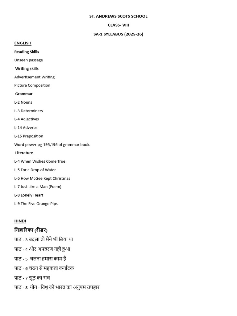 Class 8 Sa-1 Syllabus | PDF