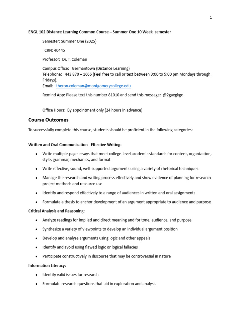 Engl 102 DL Syllabus Summer 1 2025 | PDF