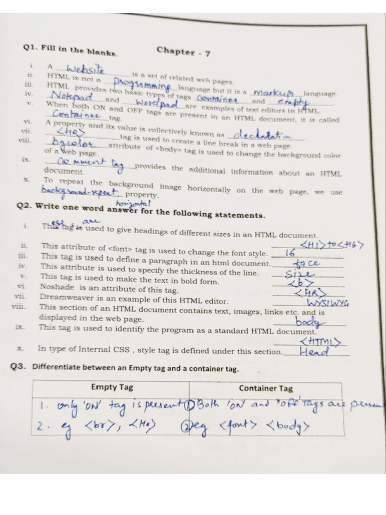 Class 7 HTML Assignment Booklet | PDF