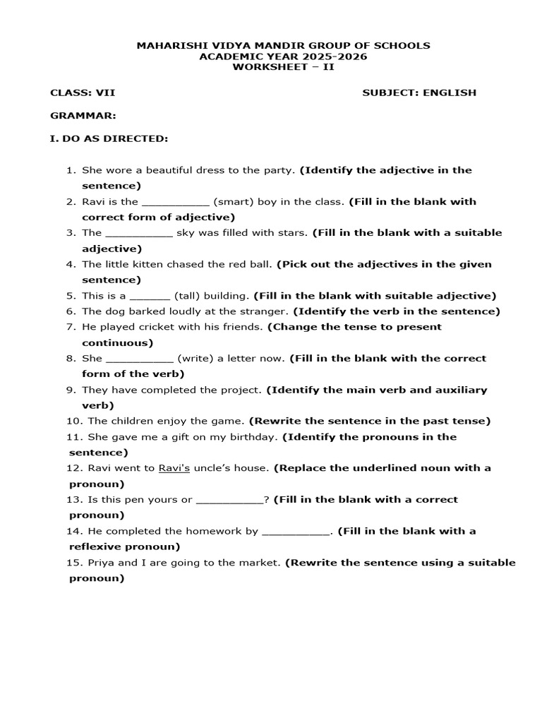 Class VII Worksheet Answers | PDF | Verb | Fagin