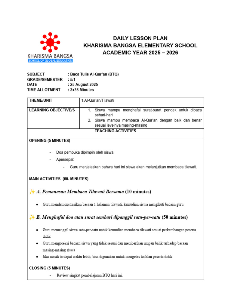 Lesson Plan BTQ - G5 - Week 5 - 25-31 August - 2025-2026 | PDF