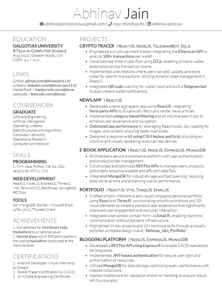 Abhinav Jain Resume | PDF | Computer Science | Software
