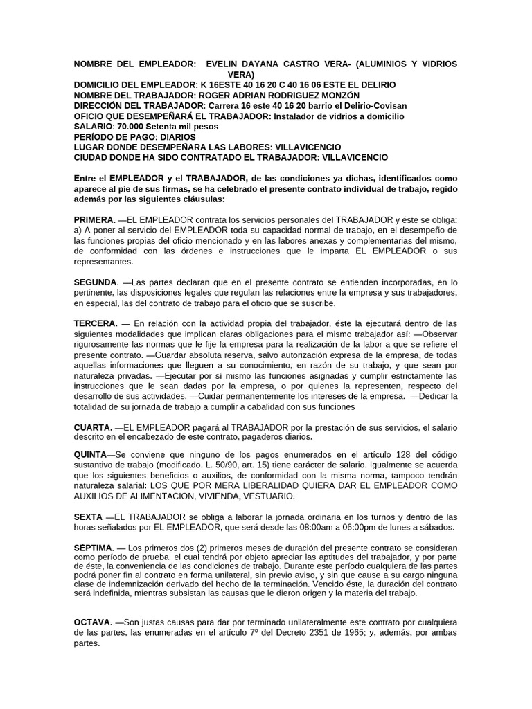 Contrato de Trabajo Roger | PDF | Propiedad | Salario