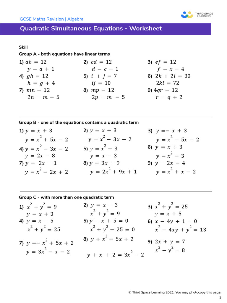 Quadratic Simultaneous Equations Worksheet | PDF | Quadratic Equation ...