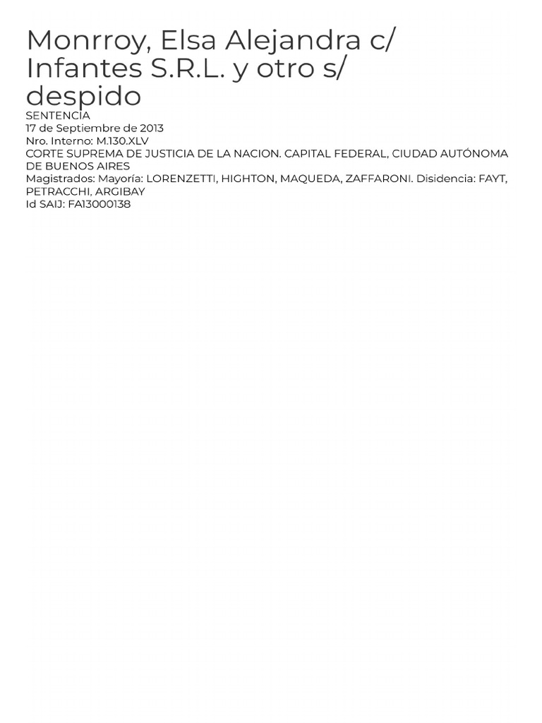 Monrroy, Elsa Alejandra C - Infantes S.R.L. y Otro S - Despido | PDF