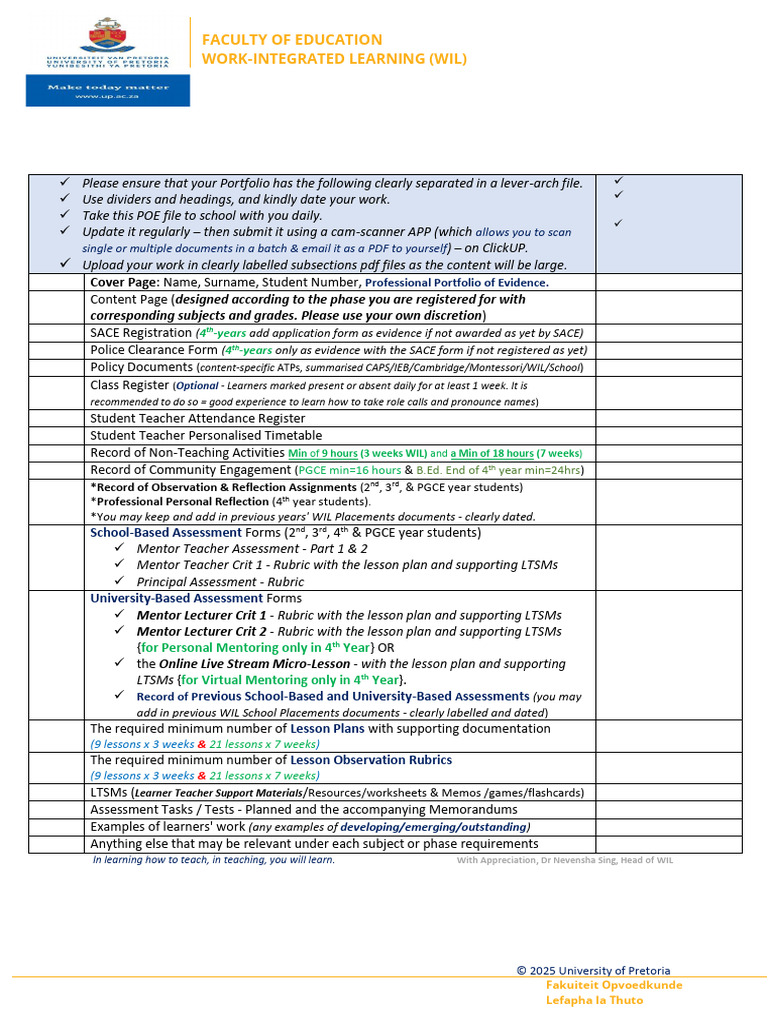WIL - Professional Portfolio of Evidence (POE) - File - Checklist | PDF ...