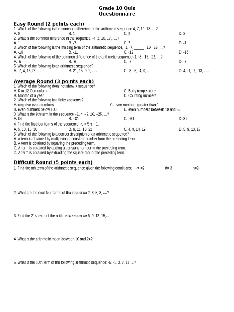 Grade 10 Quiz Bee-Questionnaire | PDF | Mathematics | Number Theory