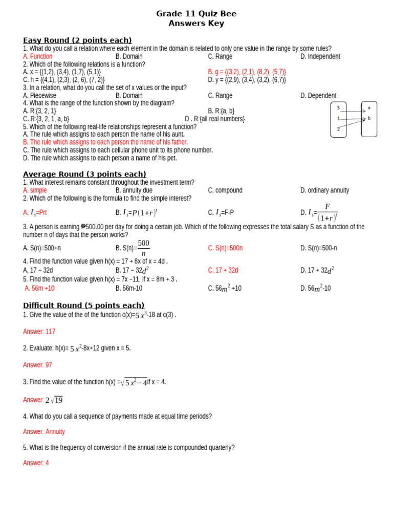 Grade 11 Math Quiz Bee Answers | PDF | Mathematical Analysis | Mathematics