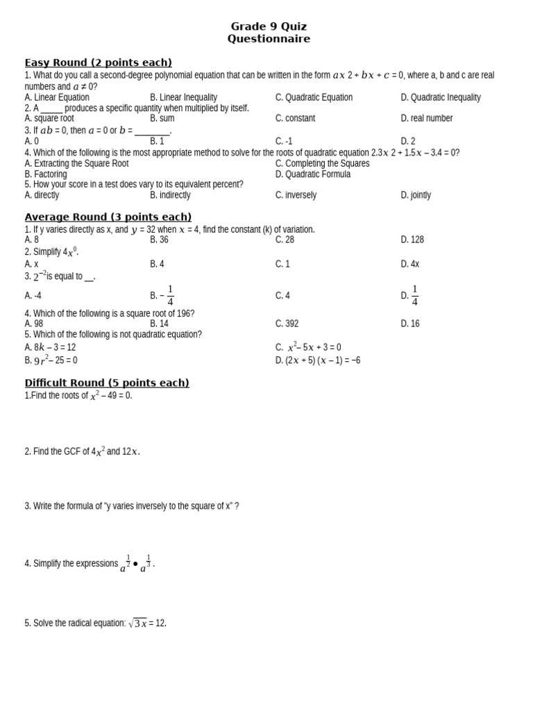 Grade 9 Quiz Bee-Questionnaire | PDF | Quadratic Equation | Equations