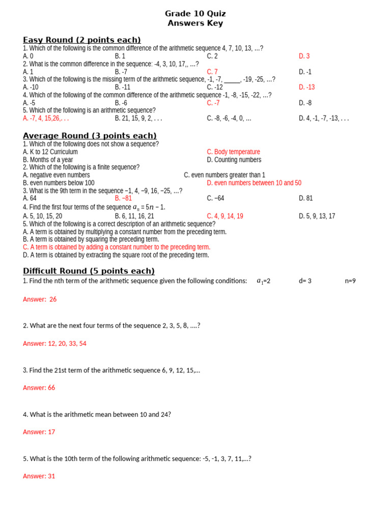 Grade 10 Math Quiz Bee Questions | PDF | Mathematics | Number Theory