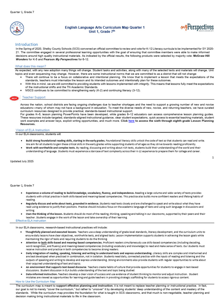 Q1 - ELA - Grade7 - Curriculum Map - Unit1 - 2025v1 | PDF | Curriculum ...