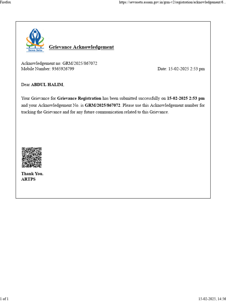 Grievance Acknowledgement: Abdul Halim Grievance Registration 15-02 ...
