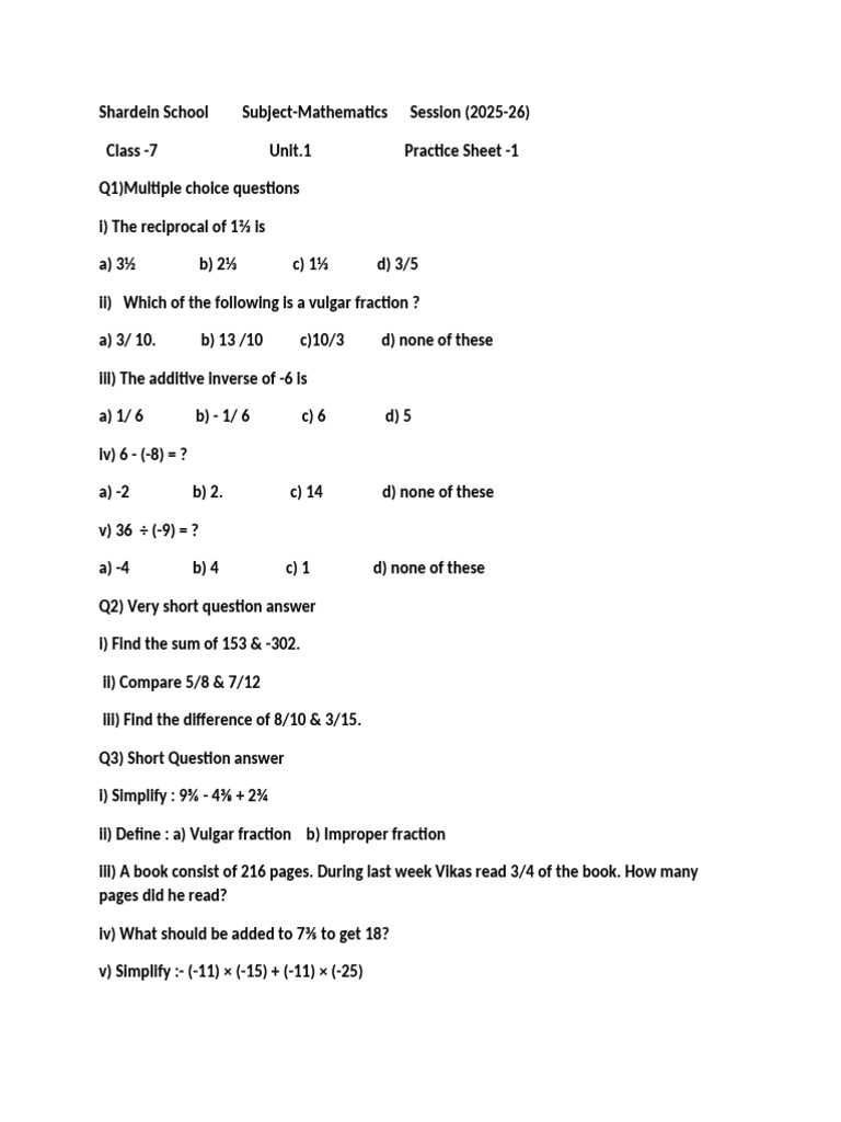 Class 7 Worksheet 1 | PDF