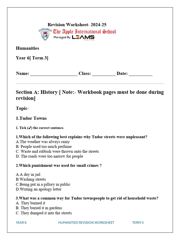 Year 6 Humanities Revision Worksheet | PDF | Sea | Coast