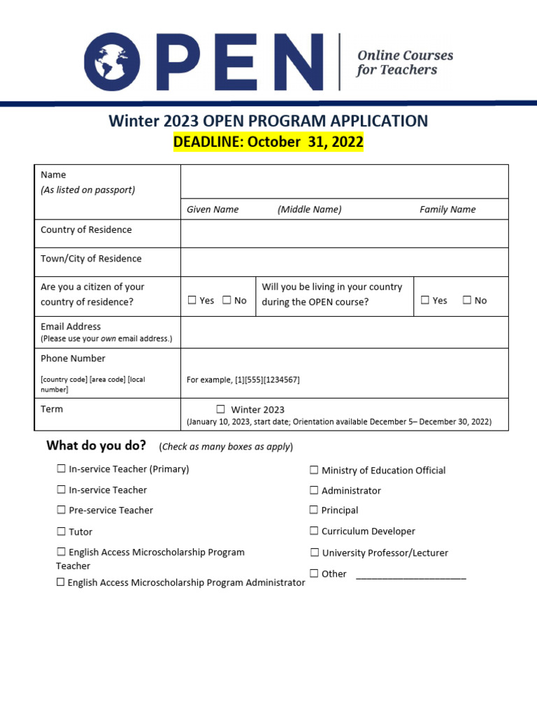 Winter 2023 OPEN Application Oct.31 | PDF | Teachers | Educational ...