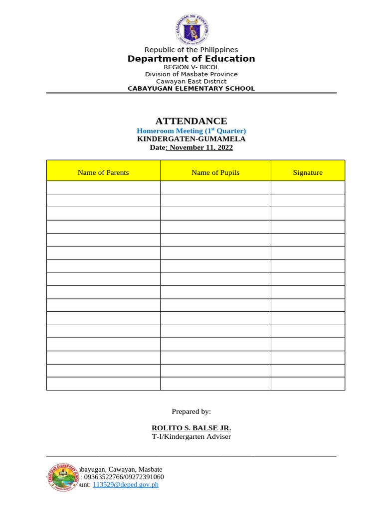 Cabayugan Elementary School Attendance | PDF