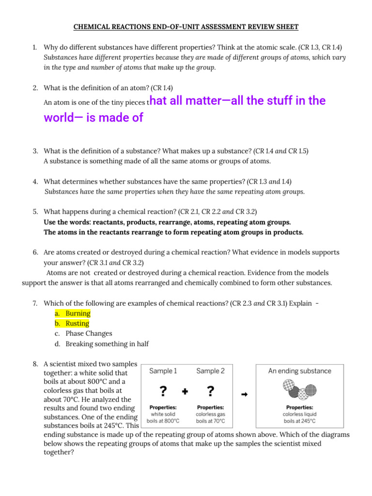 CR 4.0 Chemical Reactions Review Sheet 24-25 | PDF | Chemical ...