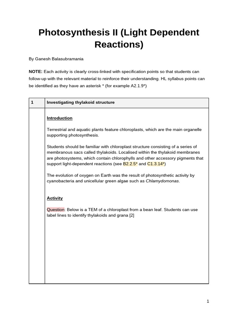 DP BIO B4 Photosynthesis Part II Worksheet Lessons (HL) | PDF ...