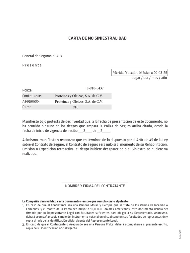 Carta No Siniestralidad GSEGUROS | PDF