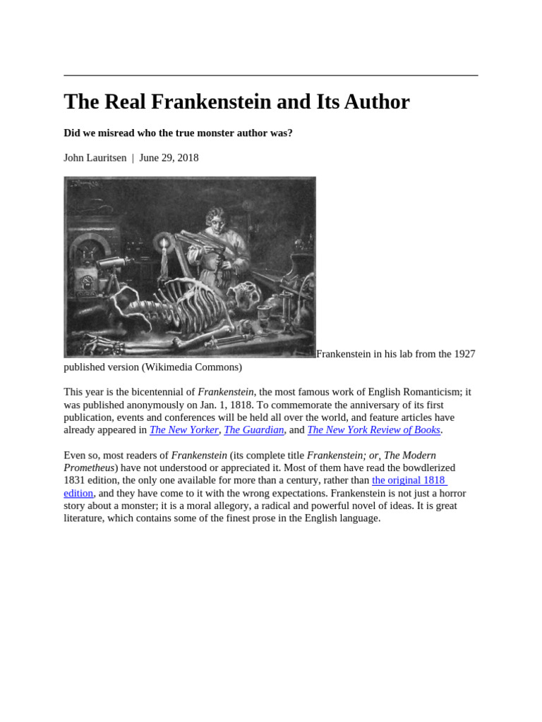 The Real Frankenstein and Its Author | PDF | Frankenstein | Mary Shelley
