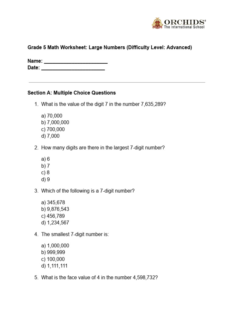 Large Numbers Class 5 Advanced 1 | PDF