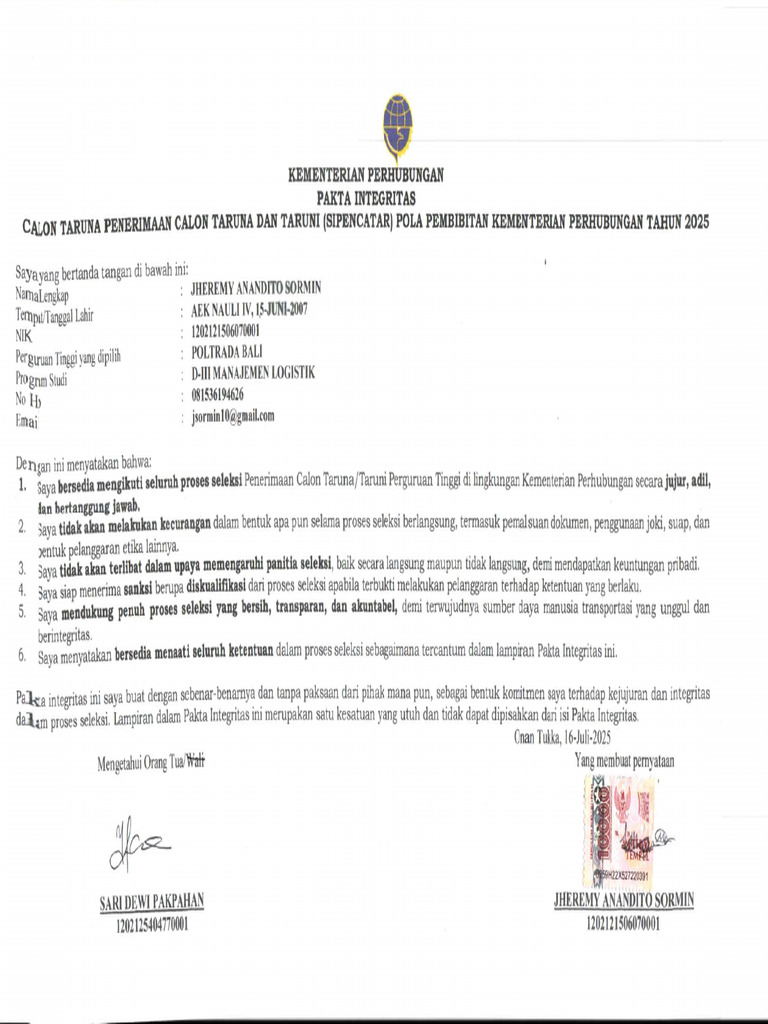 Pakta Integritas Calon Taruna Sipencatar Kementerian Perhubungan Tahun ...