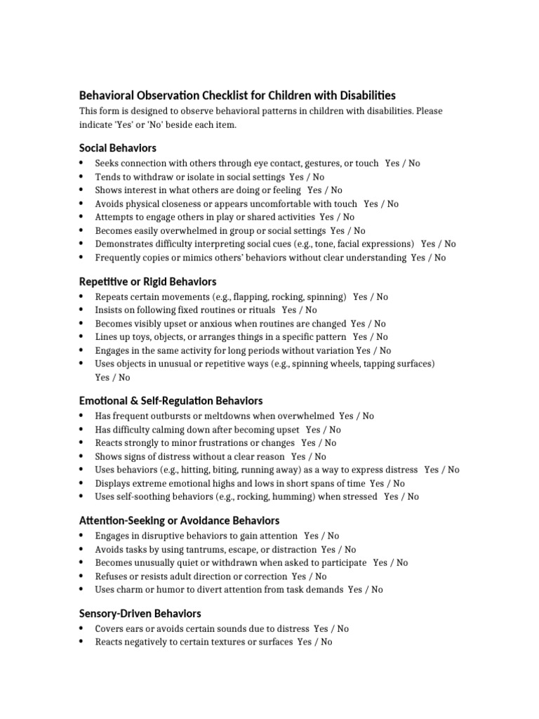 Behavioral Observation Checklist for Kids | PDF | Emotional Self ...