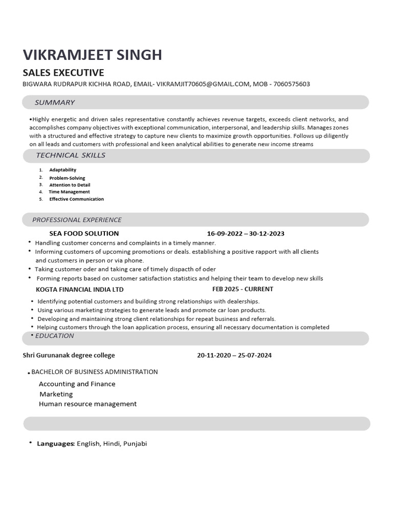 Sales Executive Profile: Vikramjeet Singh | PDF