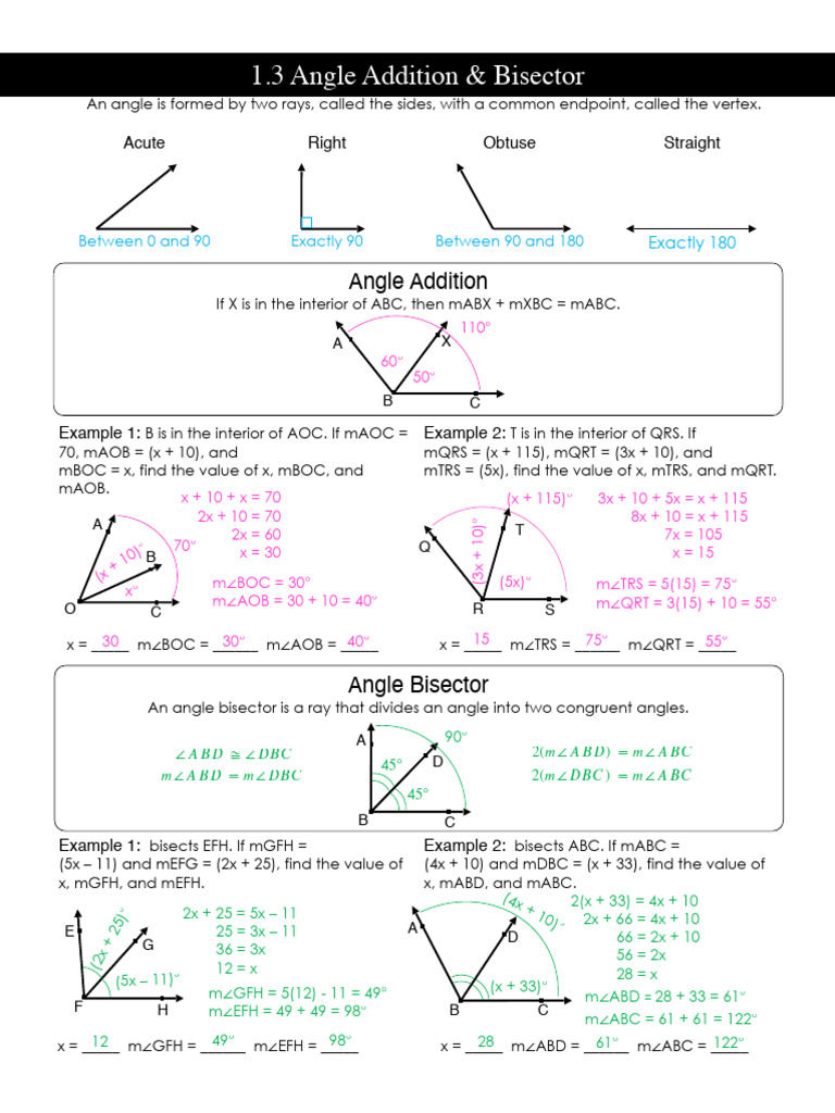 1.3 Filled Notes Angle Addition, Bisectors & Pairs | PDF | Angle ...
