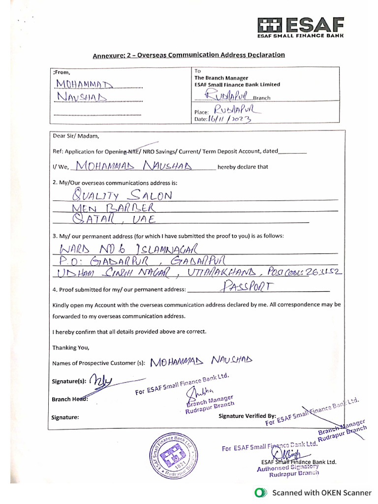 Overseas Communication Address Declaration | PDF