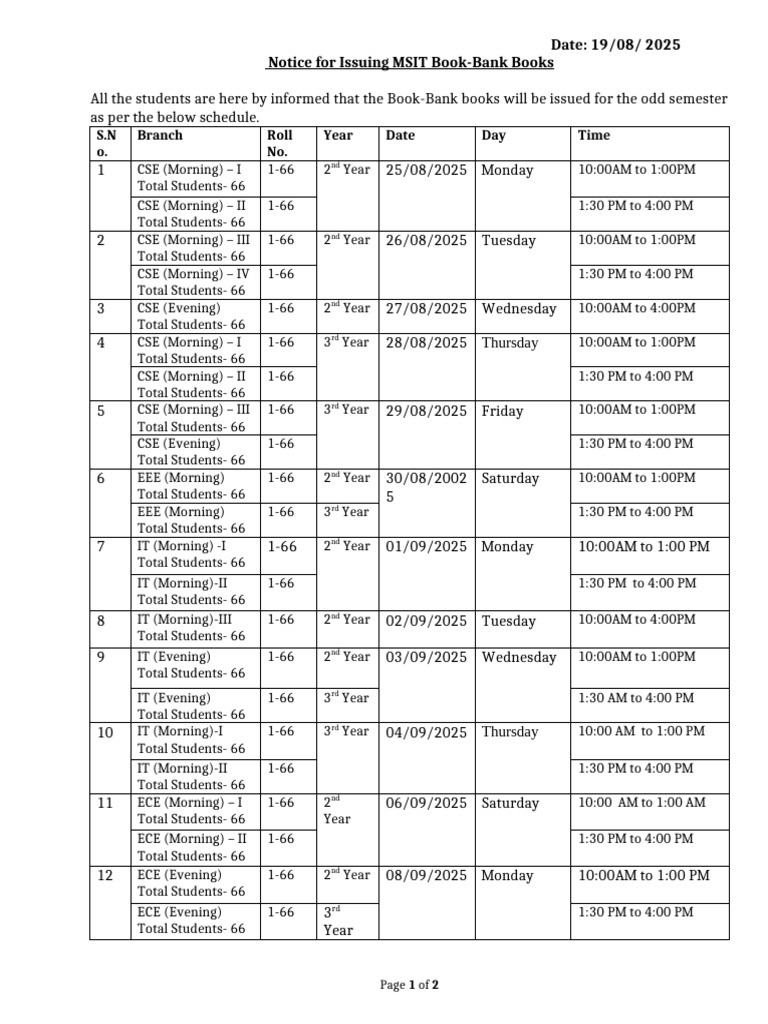 MSIT 2nd , 3rd Year Student Book Bank Book Issue Schedule Aug _2025 | PDF