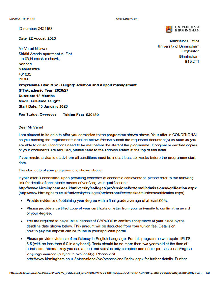 UCB Conditional Offer Letter | PDF