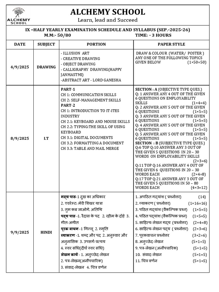 IX Half Yearly EXAMINATION Schedule and Syllabus (2025-26) | PDF | Geometry | Mathematics
