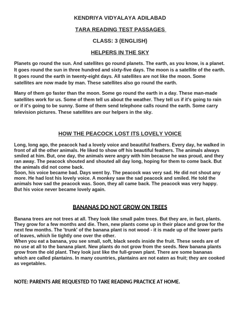 Class 3 English Reading Passages | PDF | Banana | Trees