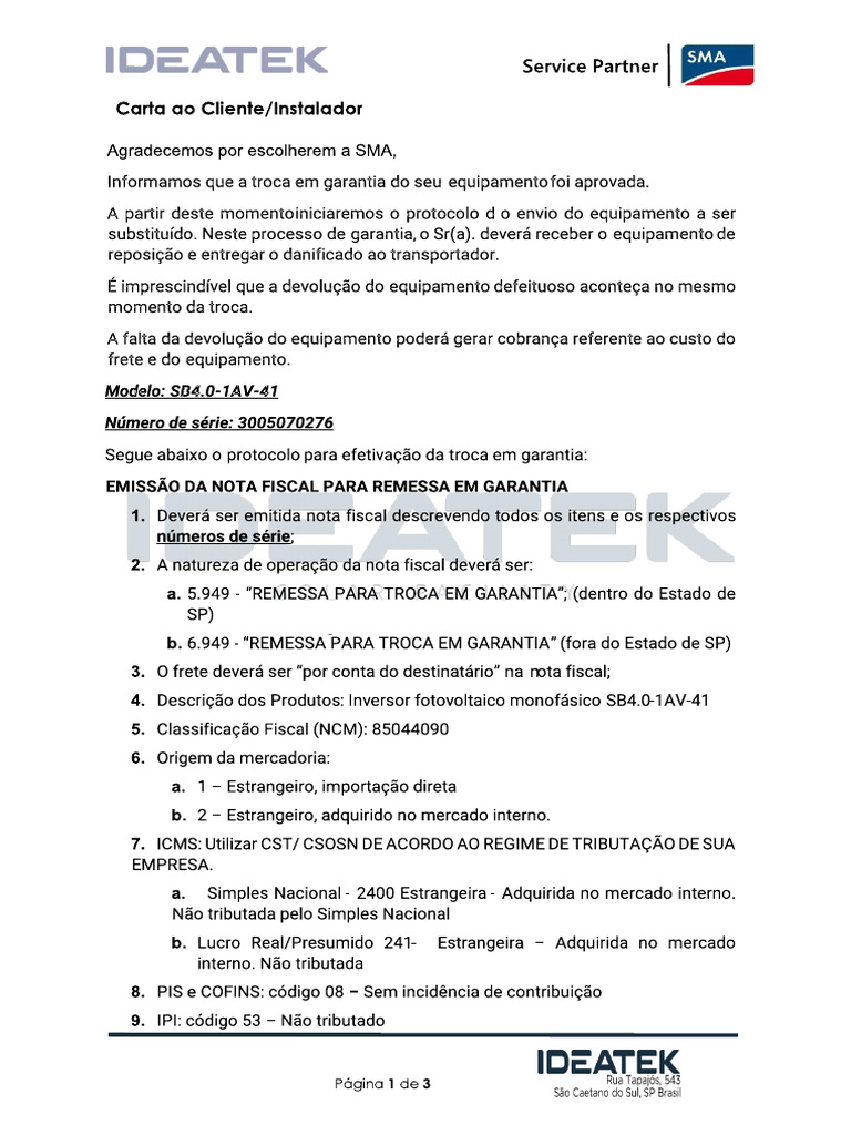 Carta Ao Cliente - SB4.0-1AV-41 | PDF