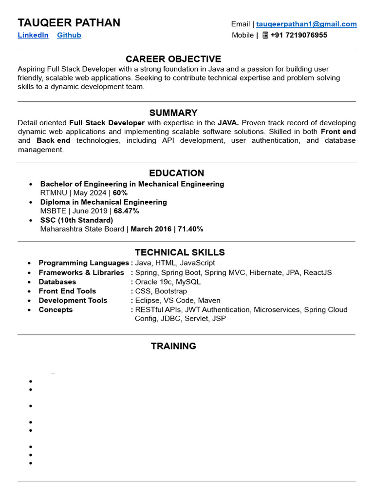Tauqeer Pathan Resume (1) Compressed 1753441812376 | PDF | Java (Programming Language) | Spring ...