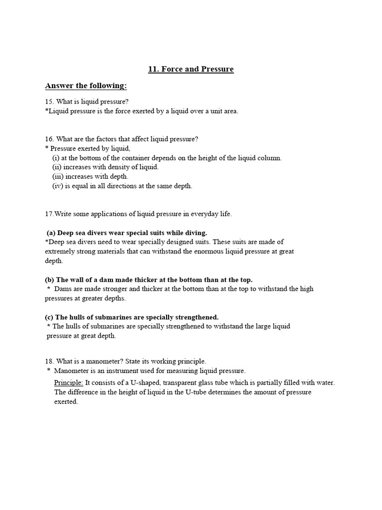 Questions 15 To 21 Force Pressure | PDF | Pressure | Pressure Measurement