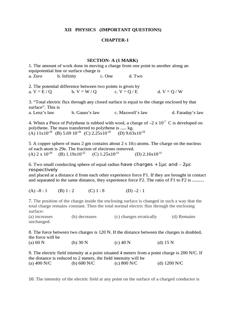 Xii Physics Imp - Questions Chapter Wise | PDF | Electric Field ...