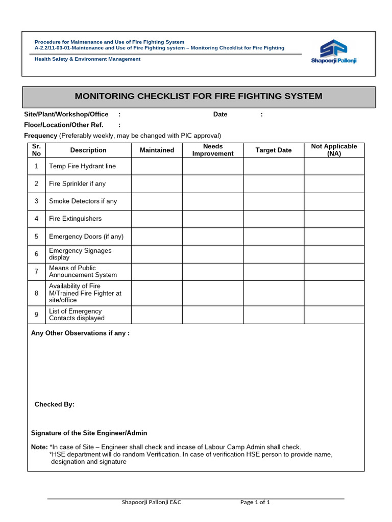 A-2.2!11!03-01 - Monitoring Checklist for Fire Fighting System | PDF