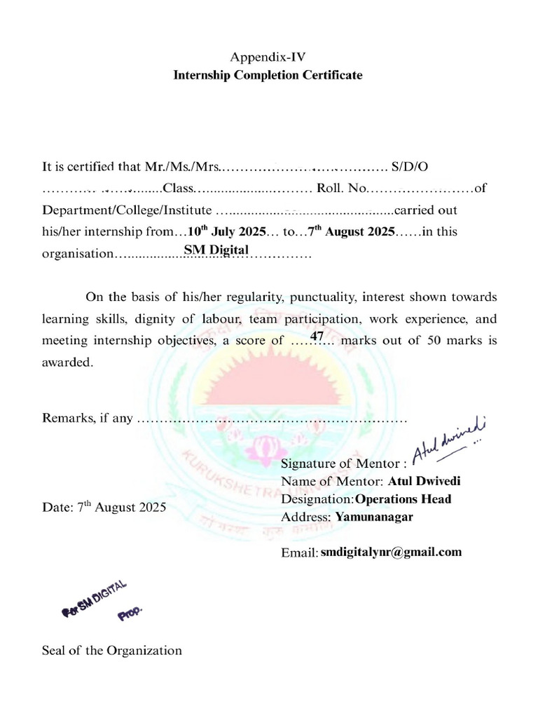 Internship Certificate My Skill | PDF