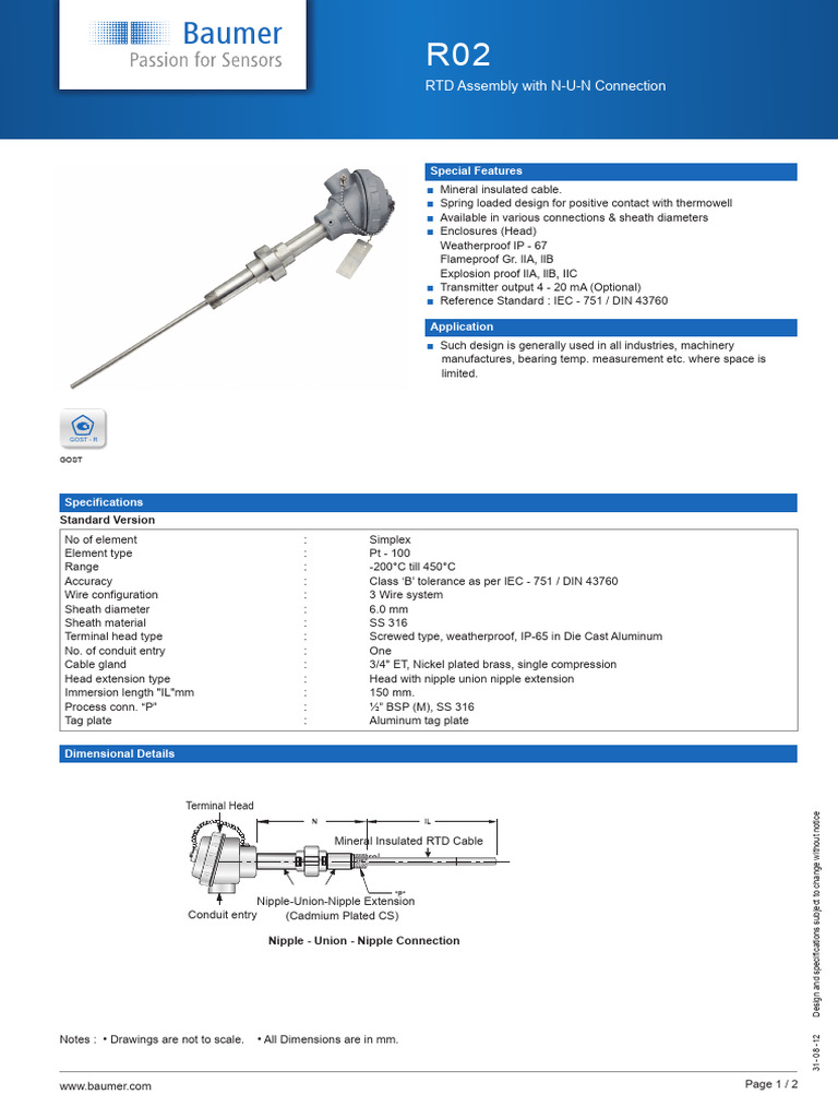 RTD Assembly With N-U-N Connection: Special Features | PDF