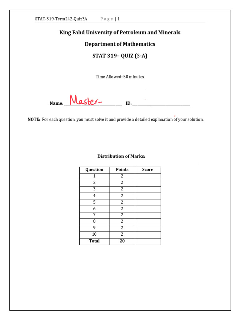 STAT 319 Quiz 3A: Probability & Statistics | PDF | Confidence Interval ...