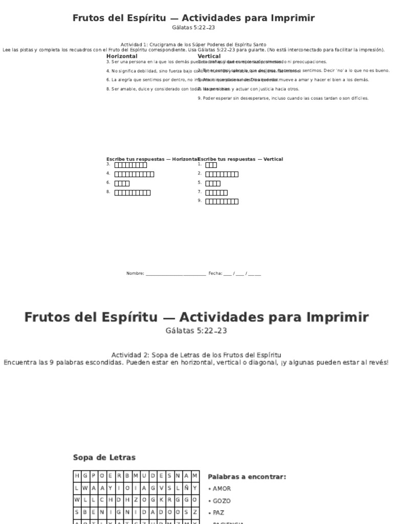 Actividades sobre los Frutos del Espíritu | PDF