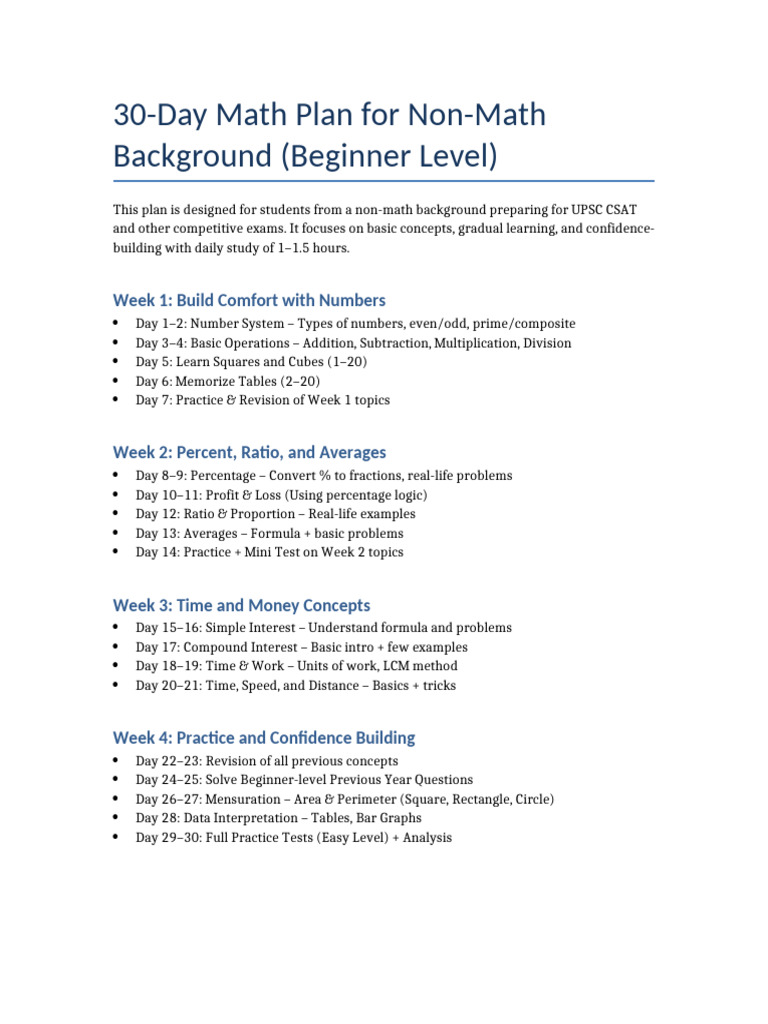 30-Day Math Plan Beginner | PDF