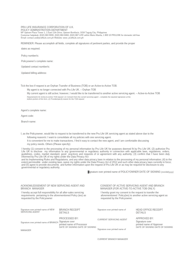 Editable - Change of Servicing Agent Form | PDF | Privacy | Justice