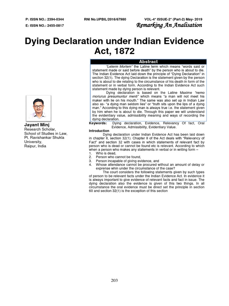 Dying Declaration in Indian Evidence Act | PDF | Evidence (Law) | Evidence