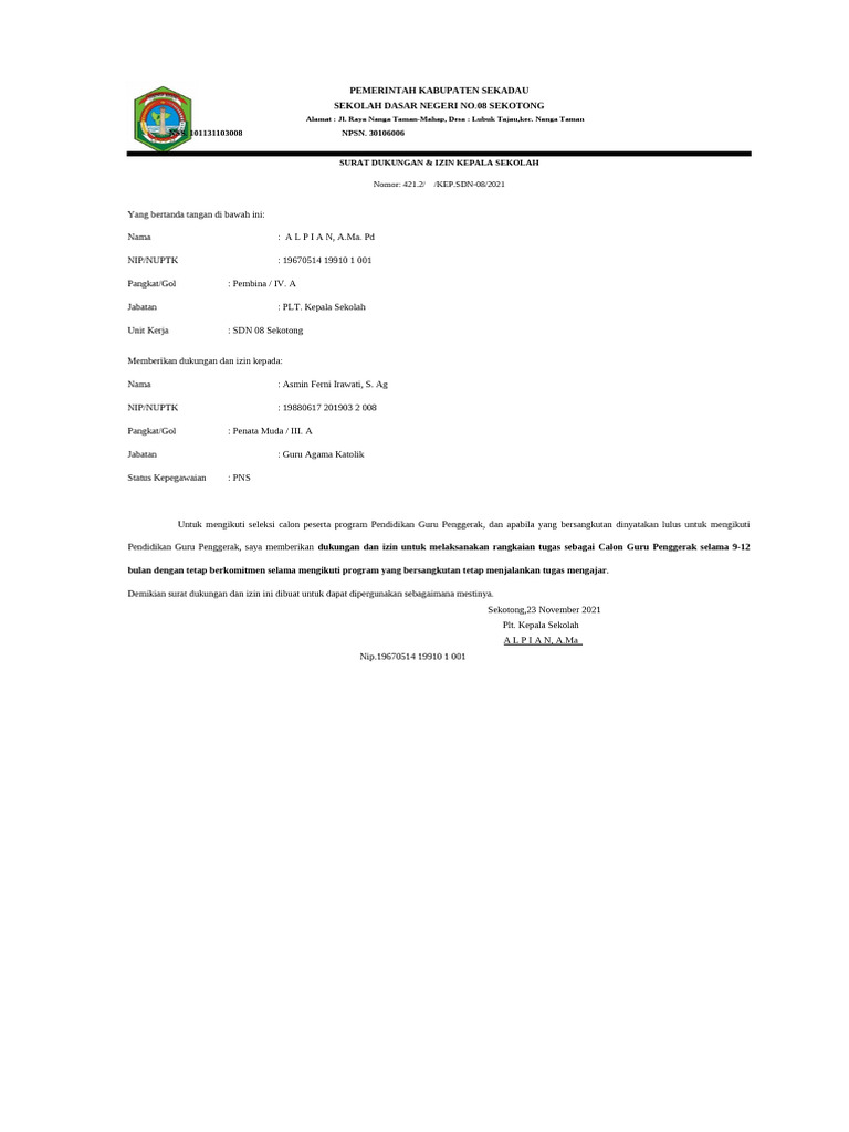 Surat Dukungan Kepala Sekolah Calon Peserta PPGP | PDF