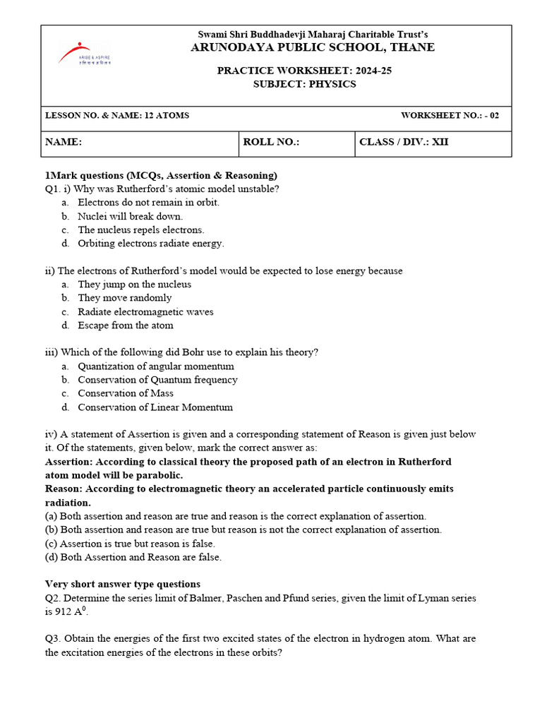 Class 12 Physics Worksheet: Atoms | PDF | Electron | Atoms