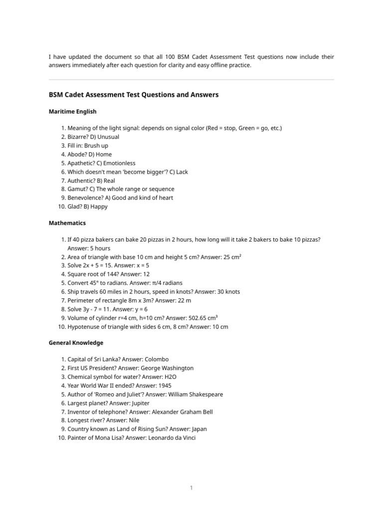 BSM Cadet Test Questions & Answers | PDF | Navigation | Water